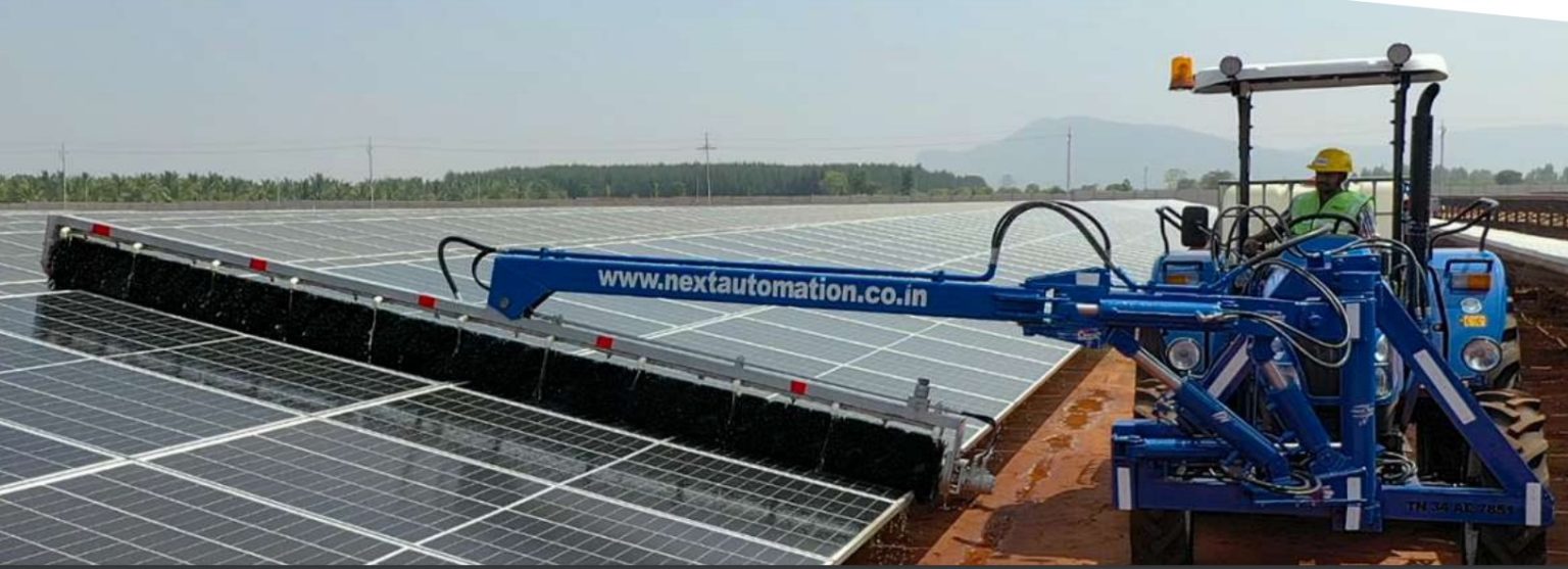 Tractor-mounted, hydraulic panel cleaning arm for solar farms – pv ...